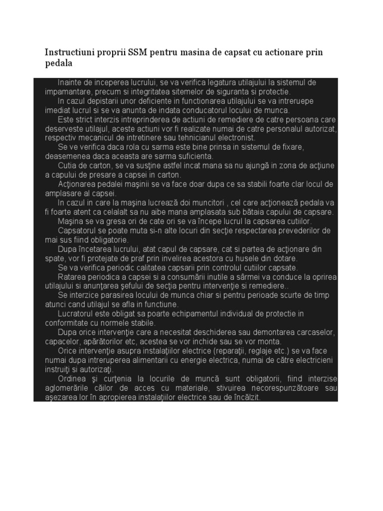 Instructiuni Proprii SSM Pentru Masina de Capsat Cu Actionare Prin Pedala | PDF