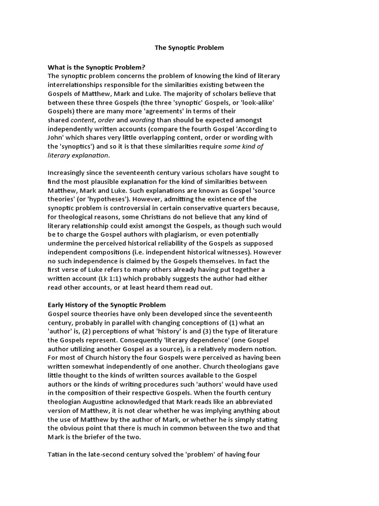 The Synoptic Problem | PDF | Gospels | Gospel Of Mark