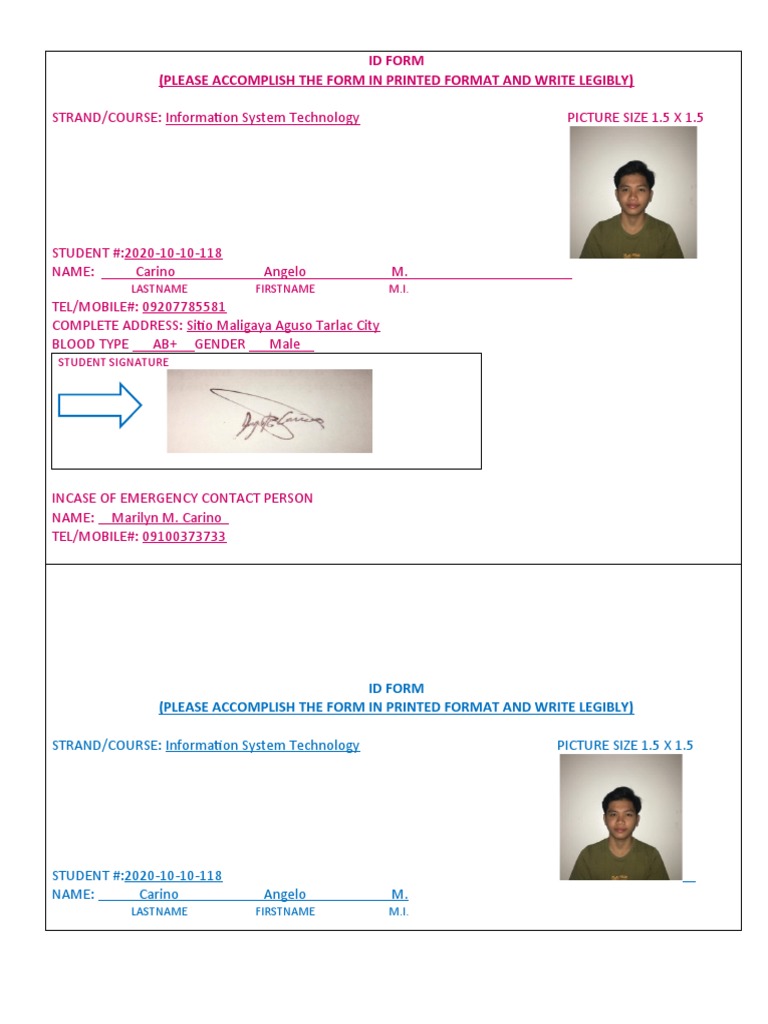 Id Form (Please Accomplish The Form in Printed Format and Write Legibly ...
