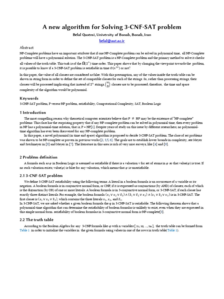A New Algorithm For Solving 3-CNF-SAT Problem: Keywords | PDF | Time ...