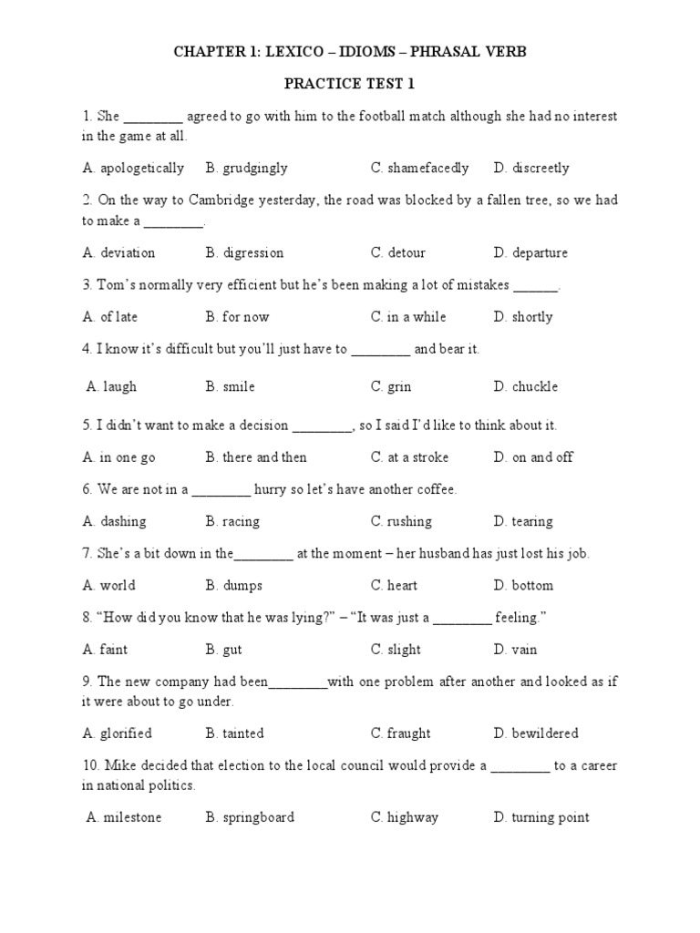 Chapter 1: Lexico - Idioms - Phrasal Verb Practice Test 1 | PDF