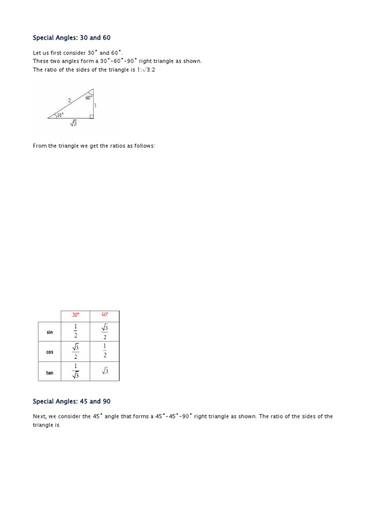 Special Angles | PDF | Triangle | Trigonometric Functions