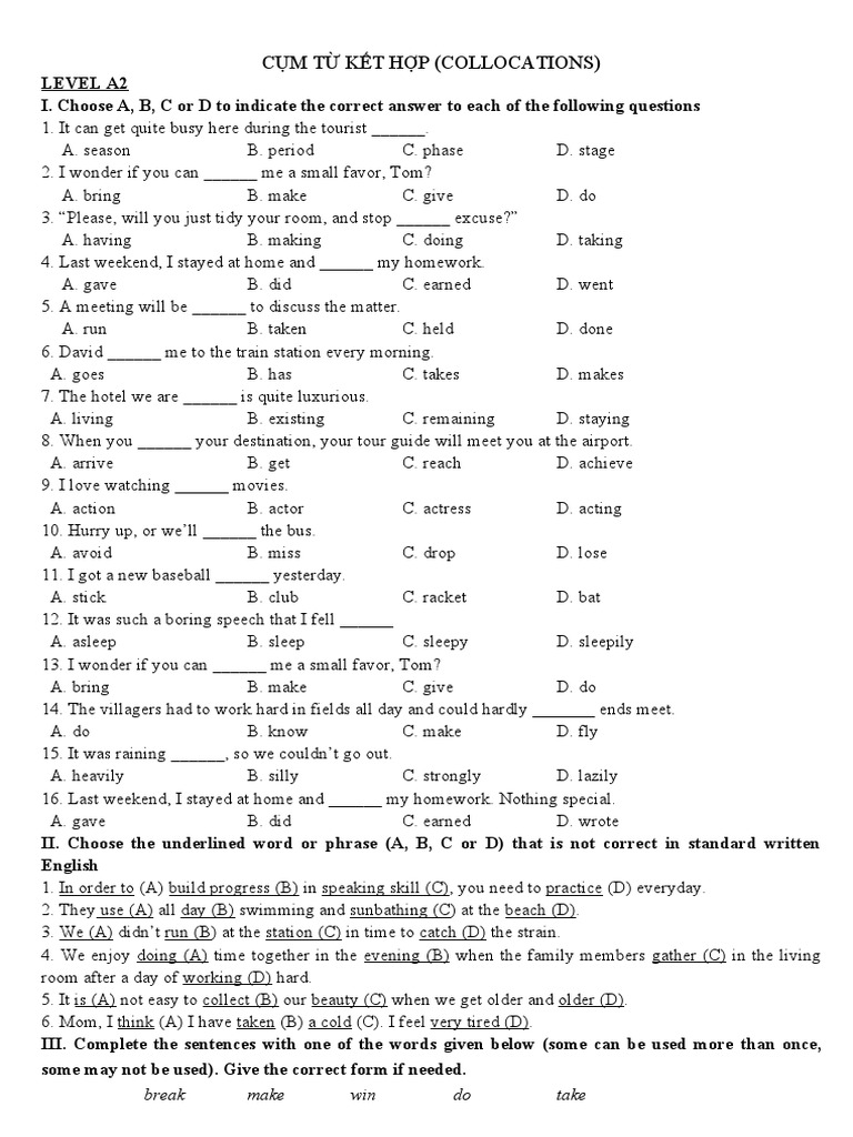 Collocations and Phrasal Verbs Exercises | PDF