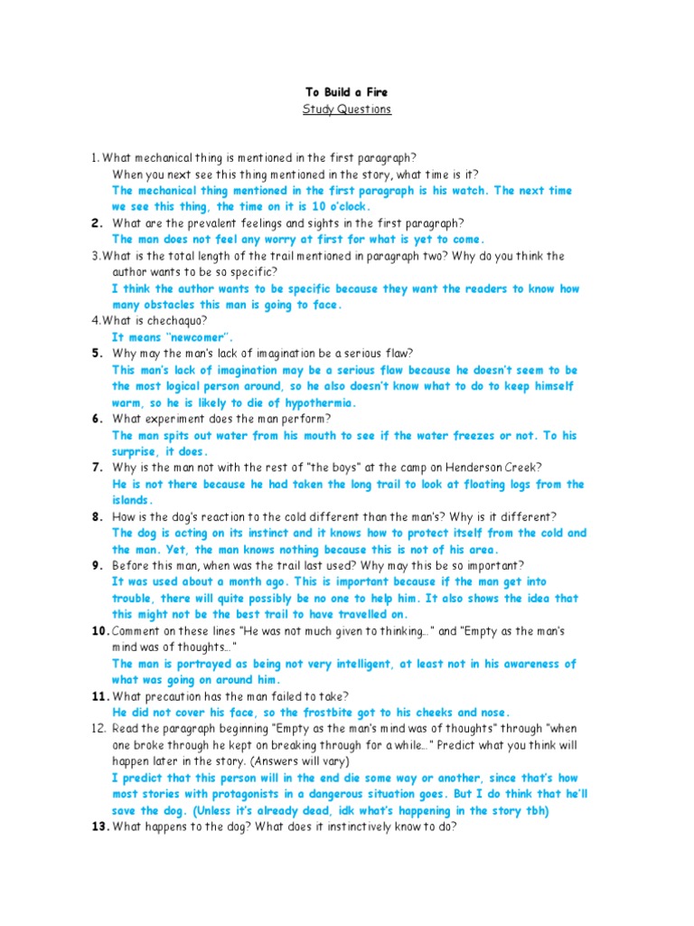 To Build A Fire Questions Year 7 | PDF | Young Adult