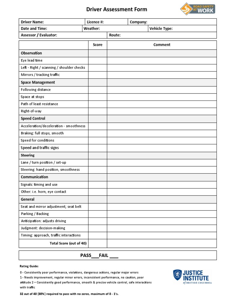 Driver Assessment Form Printable | PDF