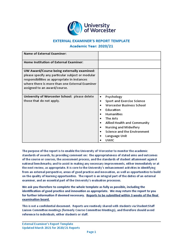 External Examiner Report Template | PDF | Educational Assessment | Test ...