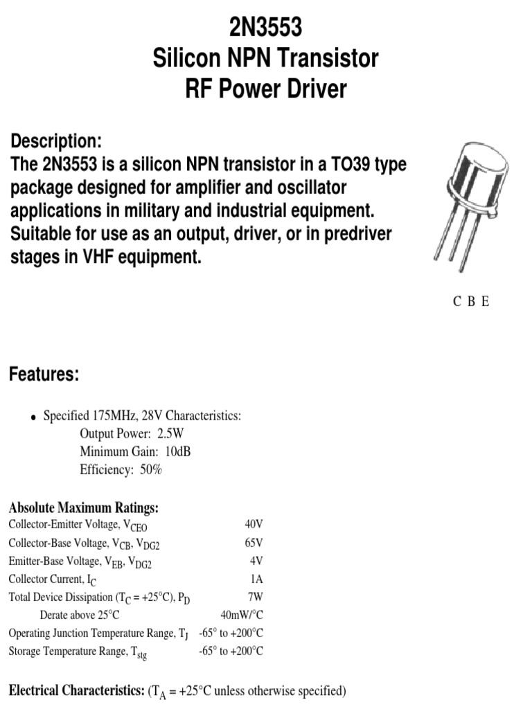 2N3553 Silicon NPN Transistor RF Power Driver: Absolute Maximum Ratings ...