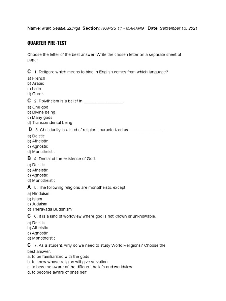 PRE-TEST (World Religion) | PDF | Monotheism | Spirituality