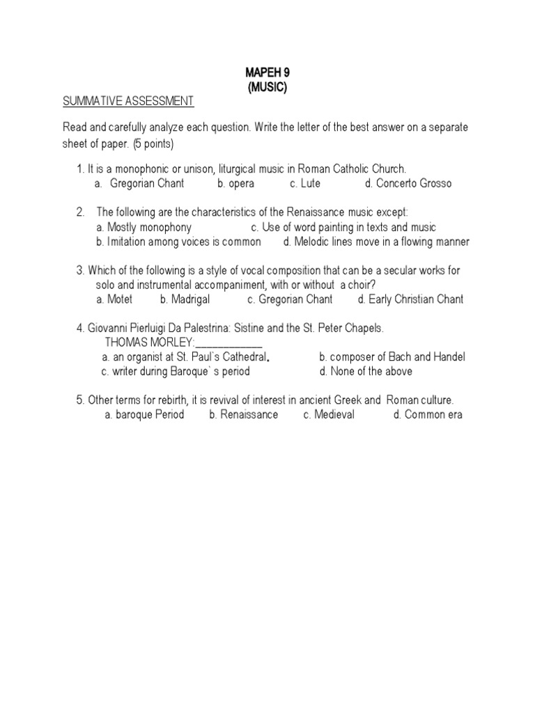 Summative Assessment Music 1q | PDF