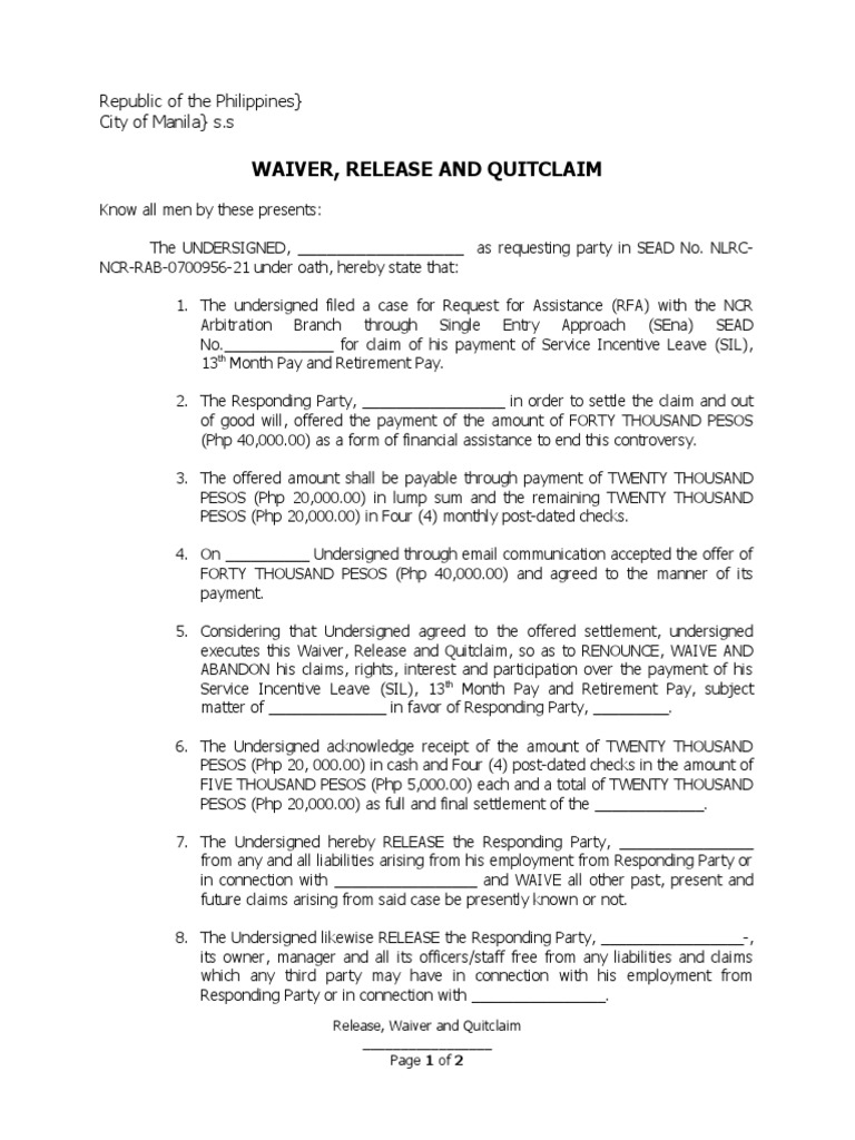 Waiver, Release and Quitclaim: Republic of The Philippines) City of ...