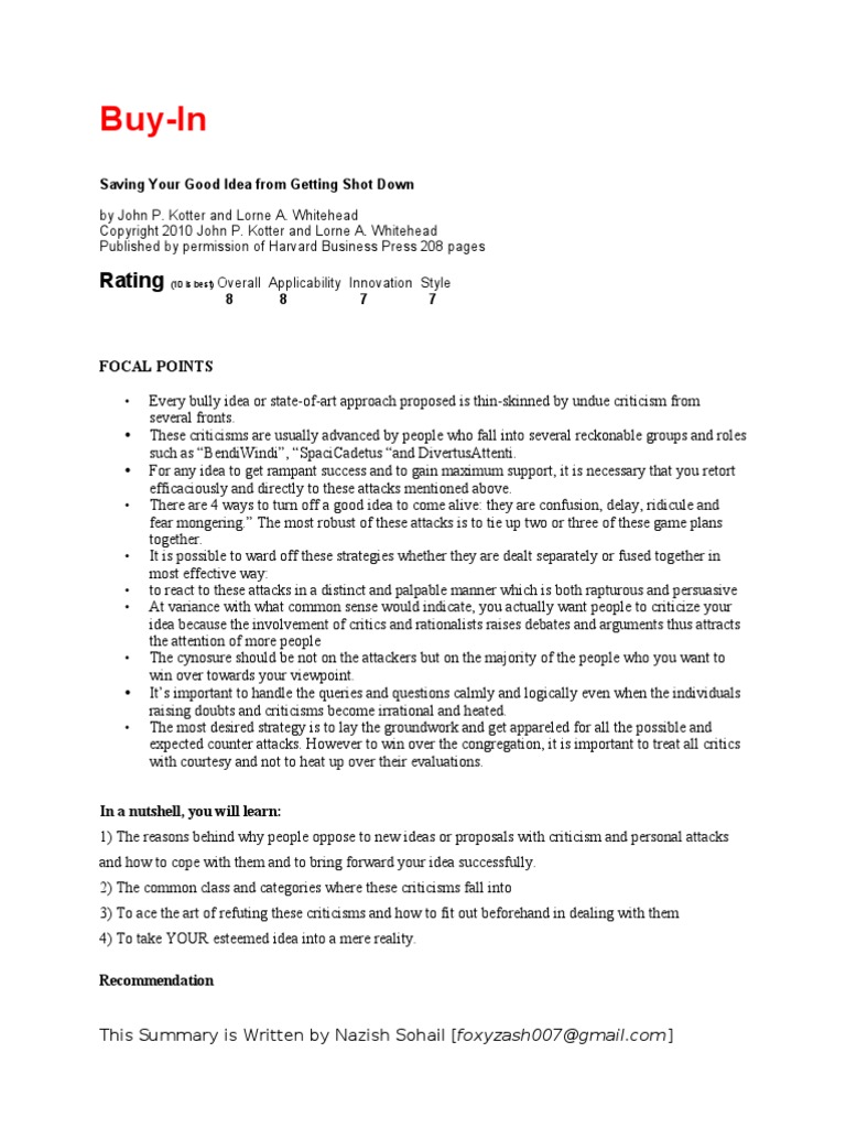 Buy In: Saving Your Good Idea From Getting Shot Down (Book Summary ...
