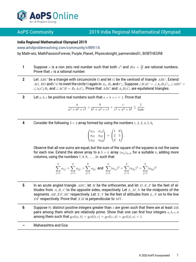 Aops Community 2019 India Regional Mathematical Olympiad | PDF ...