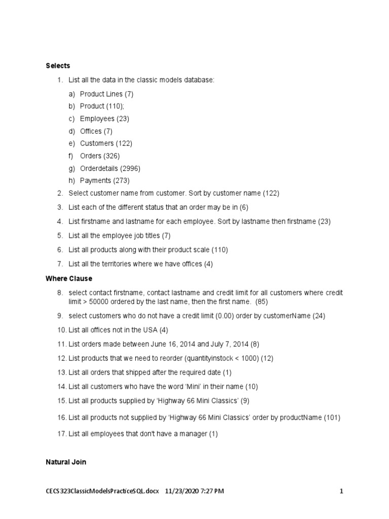 CECS323 Classic Models Practice SQL | PDF | List Price | Computing
