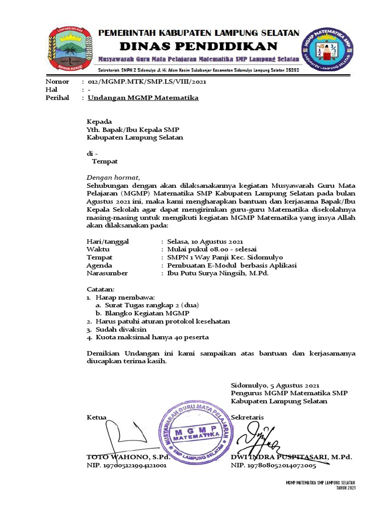 Surat MGMP Agustus Tahun 2021 | PDF