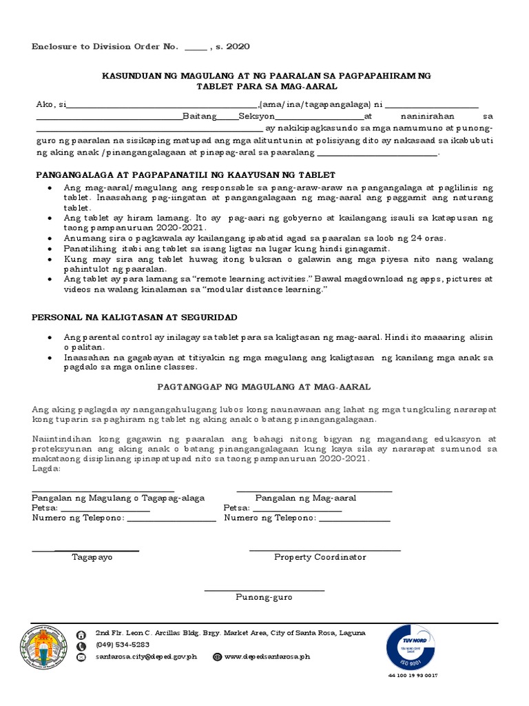 Kasunduan NG Magulang at Paaralan | PDF