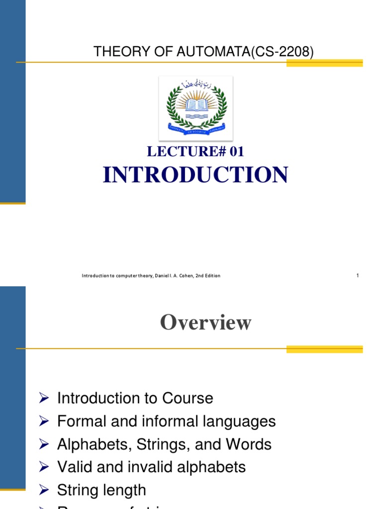 Theory of Automata (Cs-2208) : Lecture# 01 | PDF | Automata Theory ...