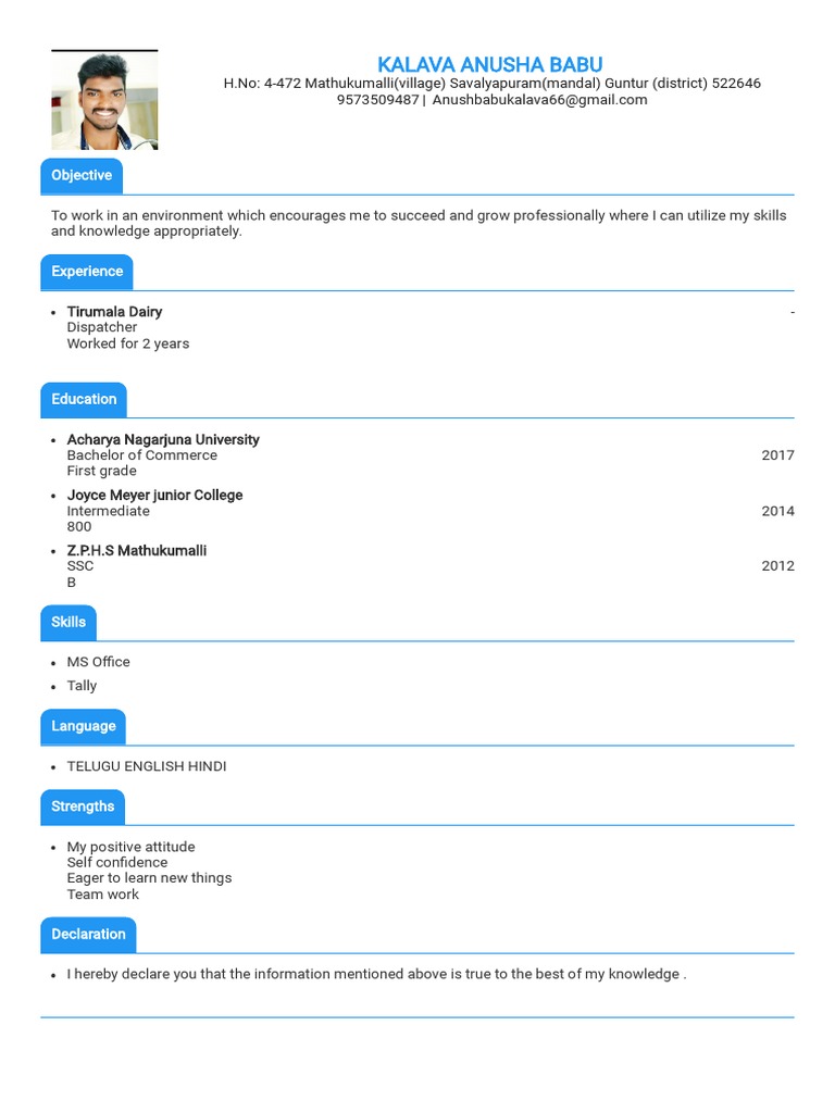 Resume of Kalava Anusha Babu | PDF