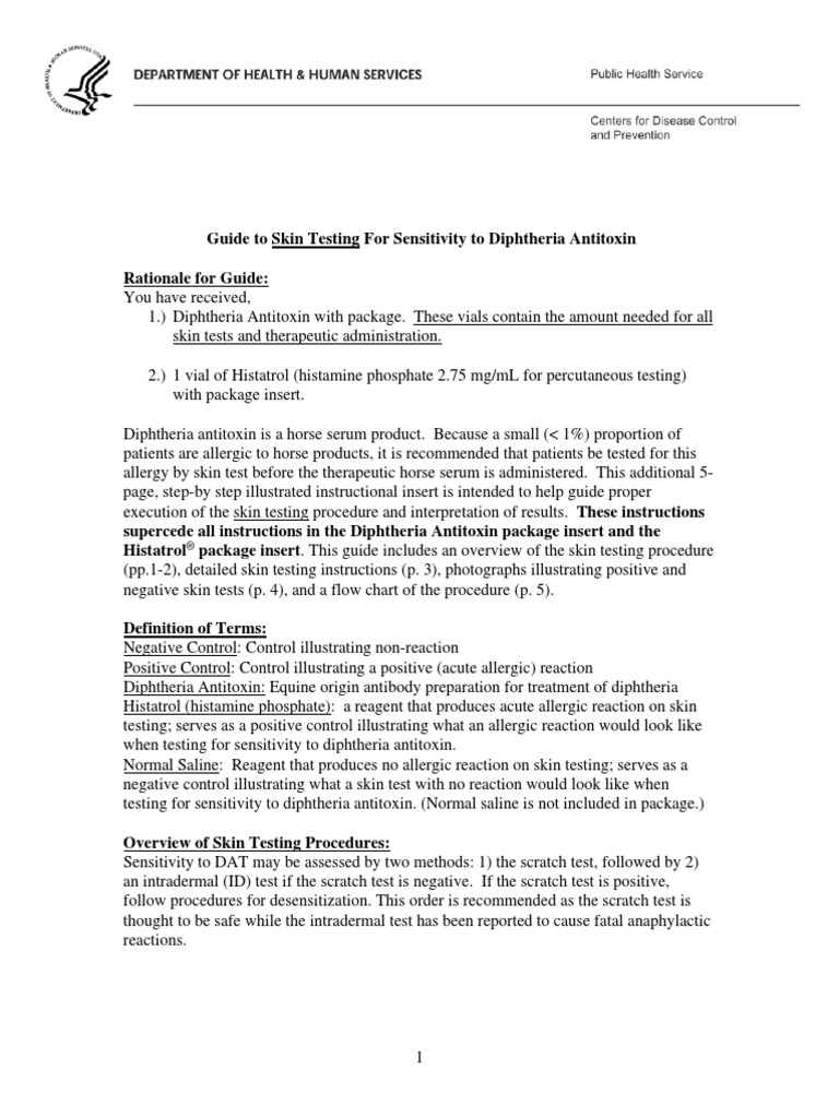 CDC Guide To Skin Testing For Sensitivity To Diphtheria Antitoxin | PDF ...