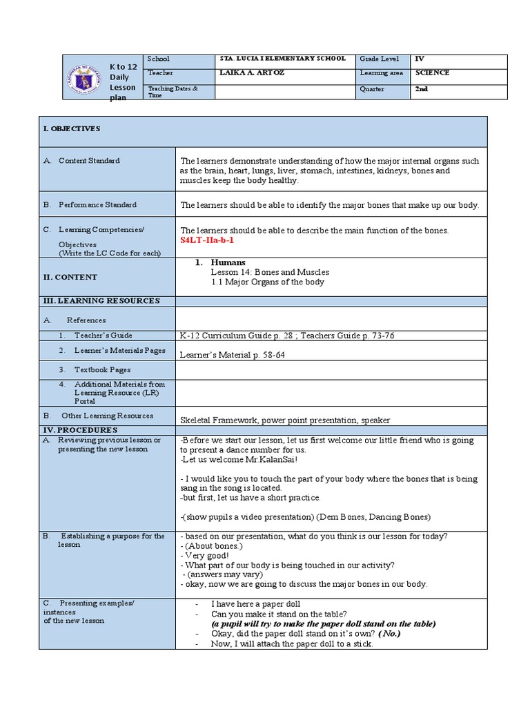 GRADE 4 Science COT | PDF | Vertebral Column | Skeleton
