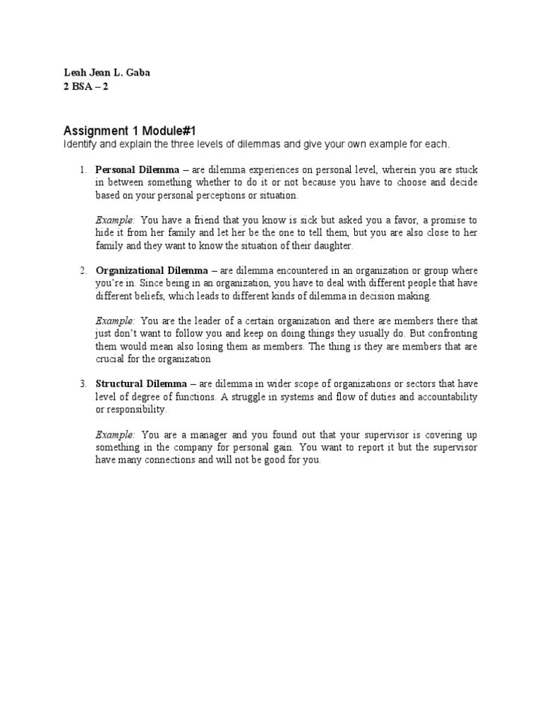 Three levels of dilemmas and examples | PDF