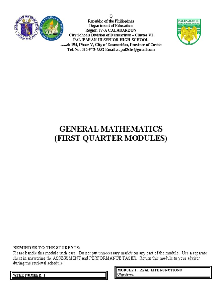 General Mathematics First Quarter Module | PDF | Equations | Function ...