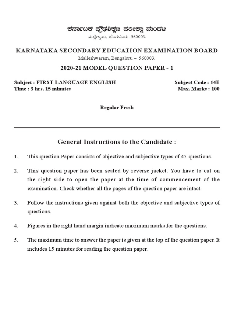 Model Question Paper for First Language English Examination | PDF