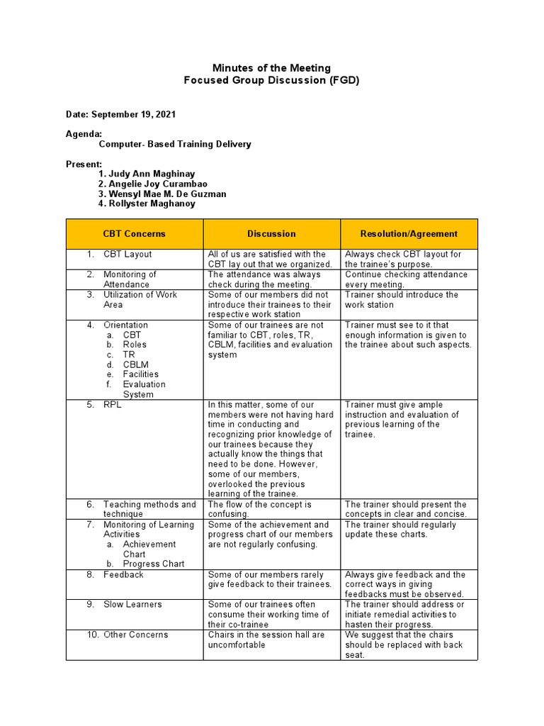 Minutes of The Meeting Focused Group Discussion (FGD) | PDF ...
