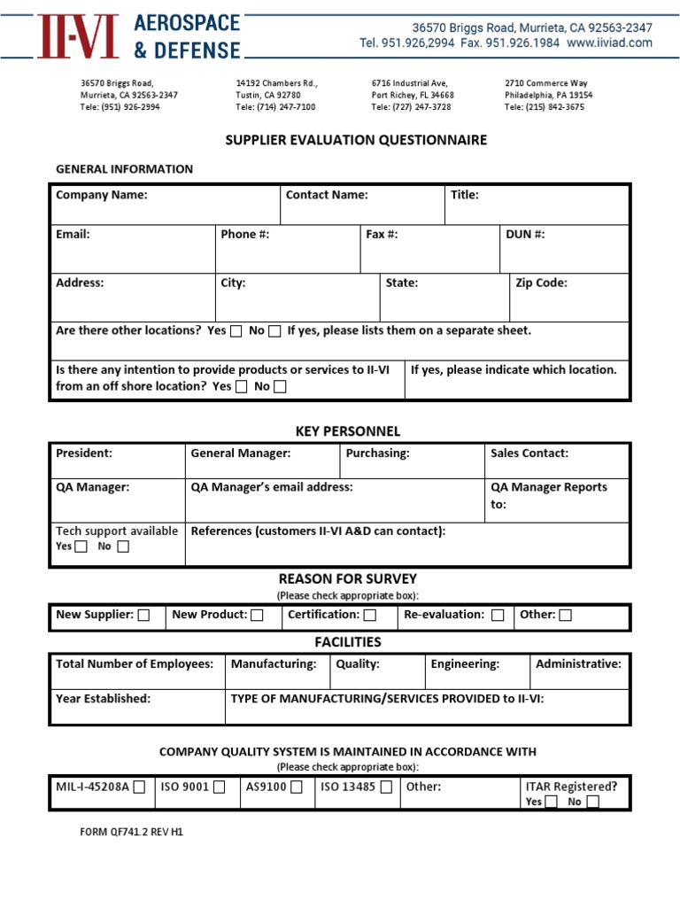 Supplier Evaluation Questionnaire | PDF | Calibration | Quality ...