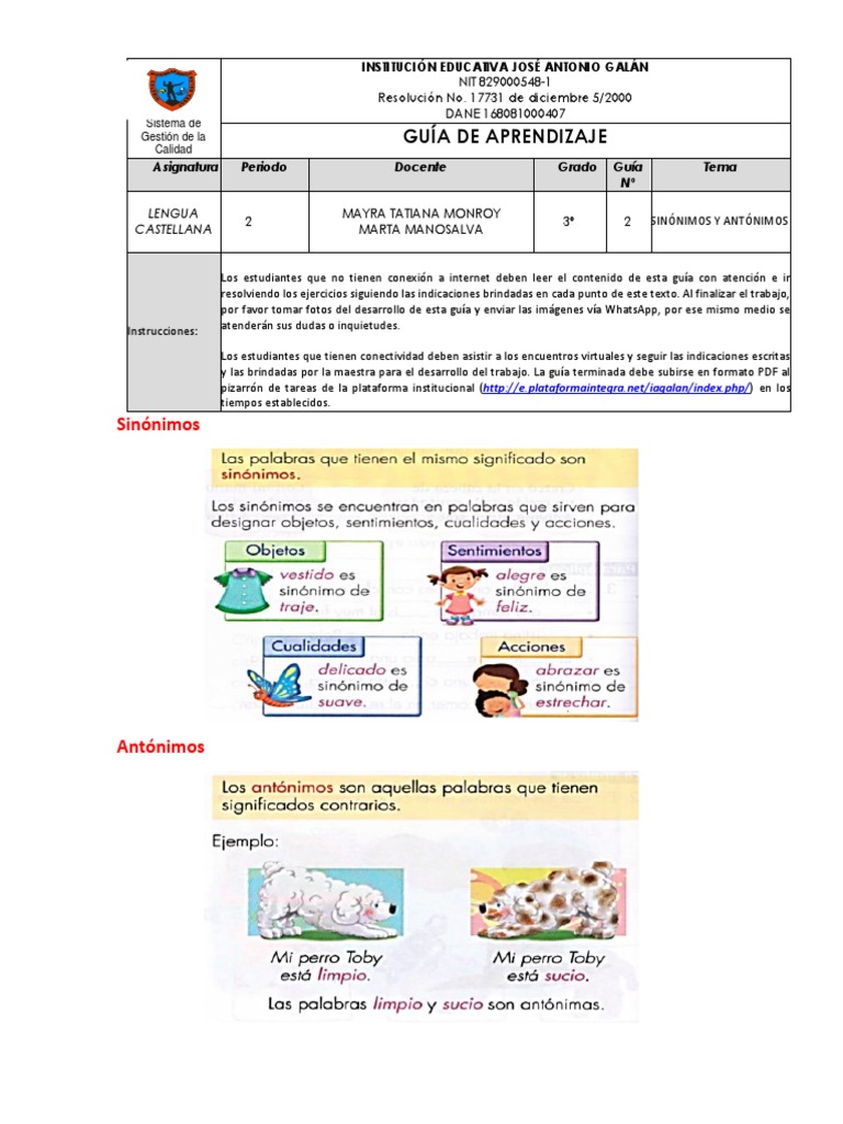 Guía 2 - Sinónimos y Antónimos | PDF | Aprendizaje