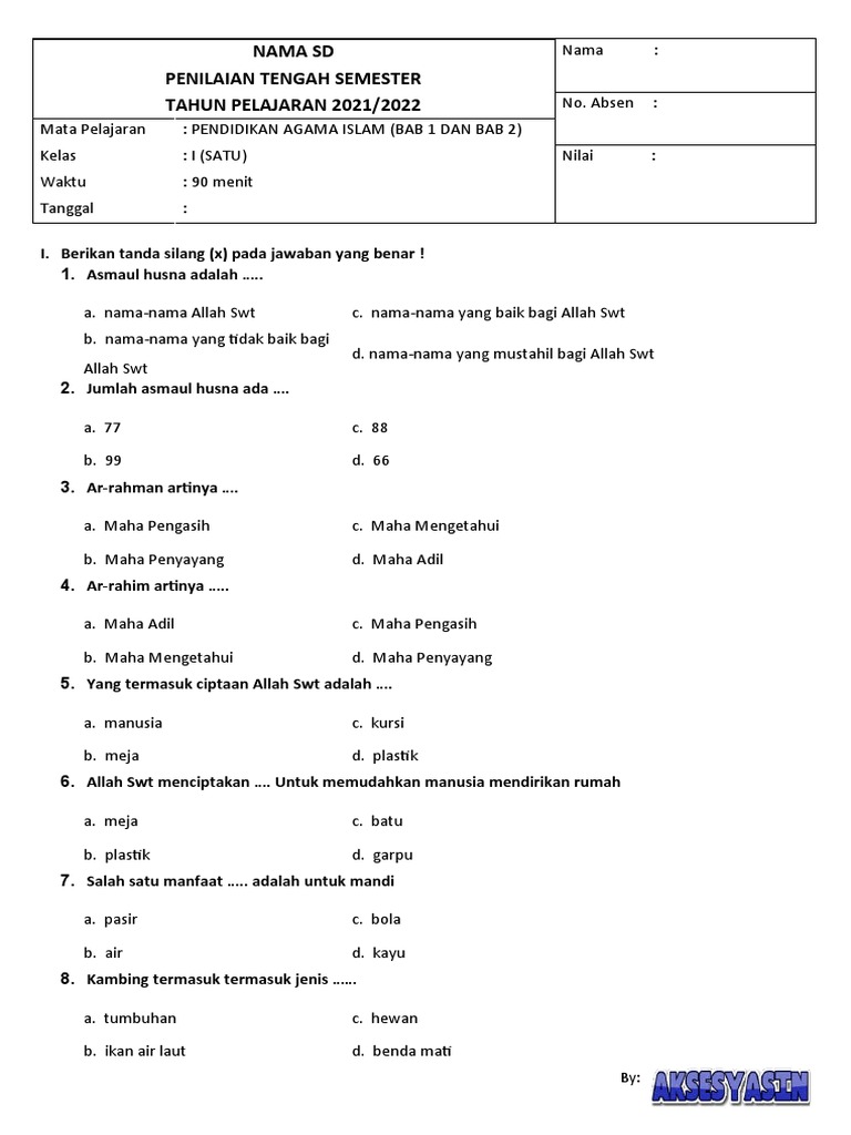 Soal Pts Pai Kelas 1 | PDF