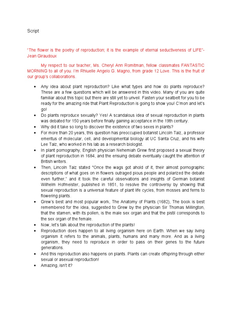 BIOLOGY-PLANT-SEXUAL-REPRODUCTION-SCRIPT Tata's Touch | PDF | Sexual ...