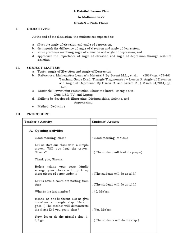 Grade 9 Lesson Plan: Elevation & Depression | PDF | Trigonometric Functions