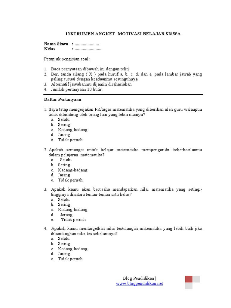 Contoh Instrumen Penilaian Angket Motivasi Belajar Siswa | PDF
