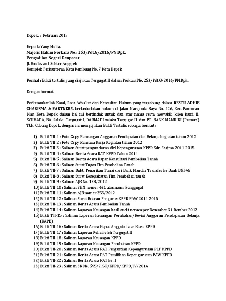 Contoh Daftar Bukti Tergugat II | PDF