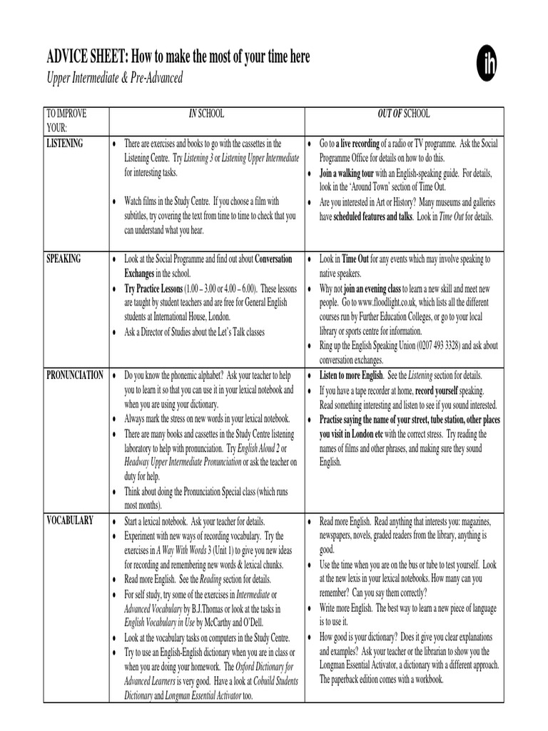 Upper Int Pre-Adv Advice Sheet | PDF | English Language | Vocabulary