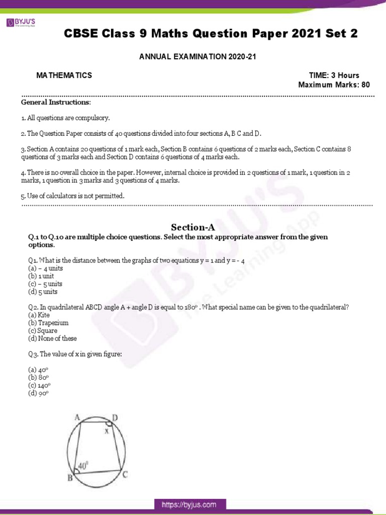 Class 9 Maths Exam Paper | PDF | Area | Equations