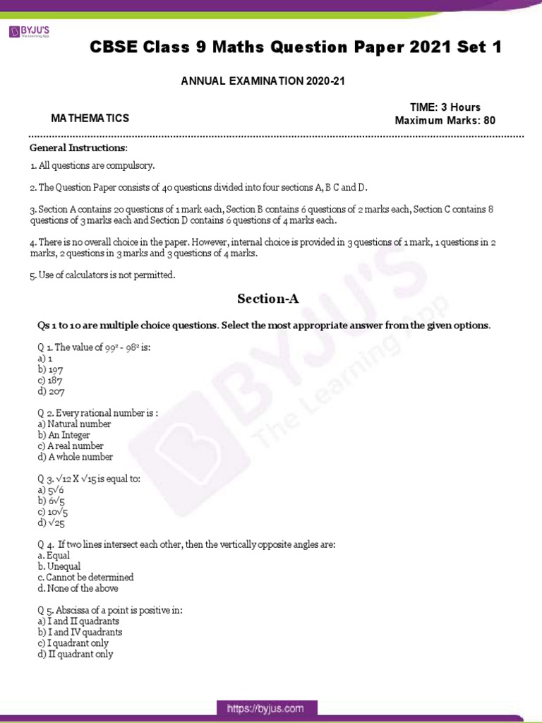 CBSE Class 9 Maths Question Paper 2021 | PDF | Area | Triangle