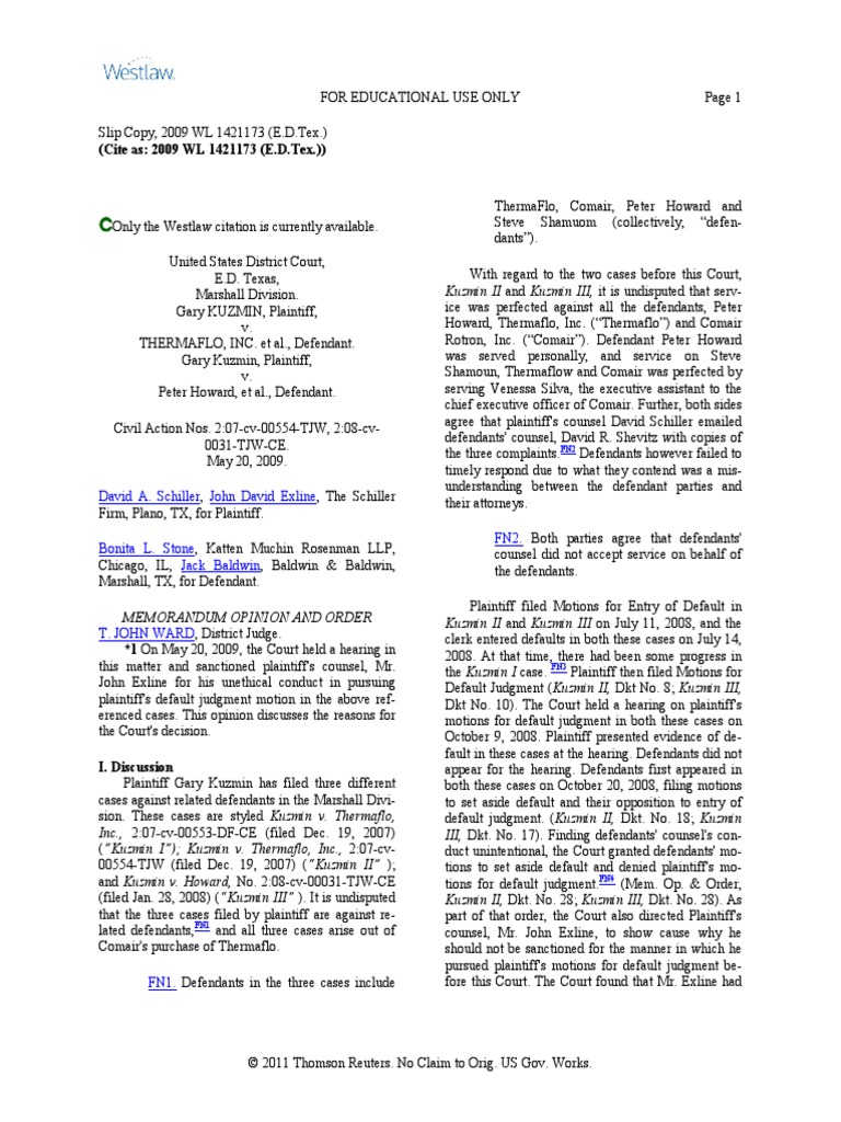 (Cite As: 2009 WL 1421173 (E.D.Tex.) ) : David A. Schiller John David ...