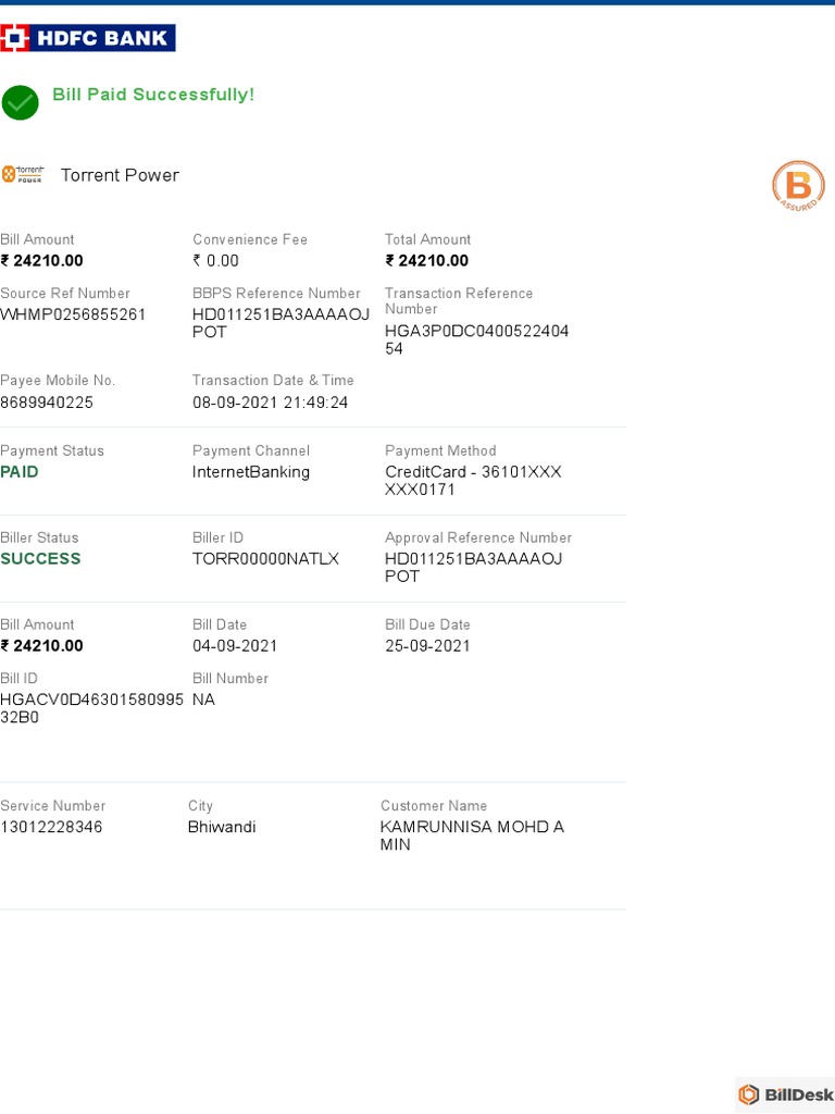Torrent Power: Bill Paid Successfully! | PDF
