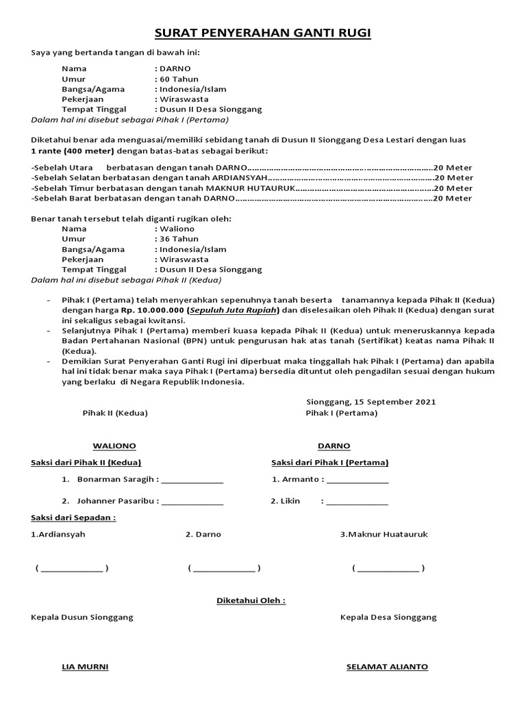 Surat Penyerahan Ganti Rugi | PDF