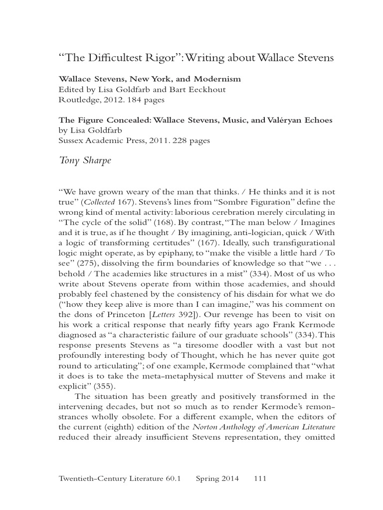 The Difficultest Rigor Writing About Wallace Stevens | PDF | Poetry