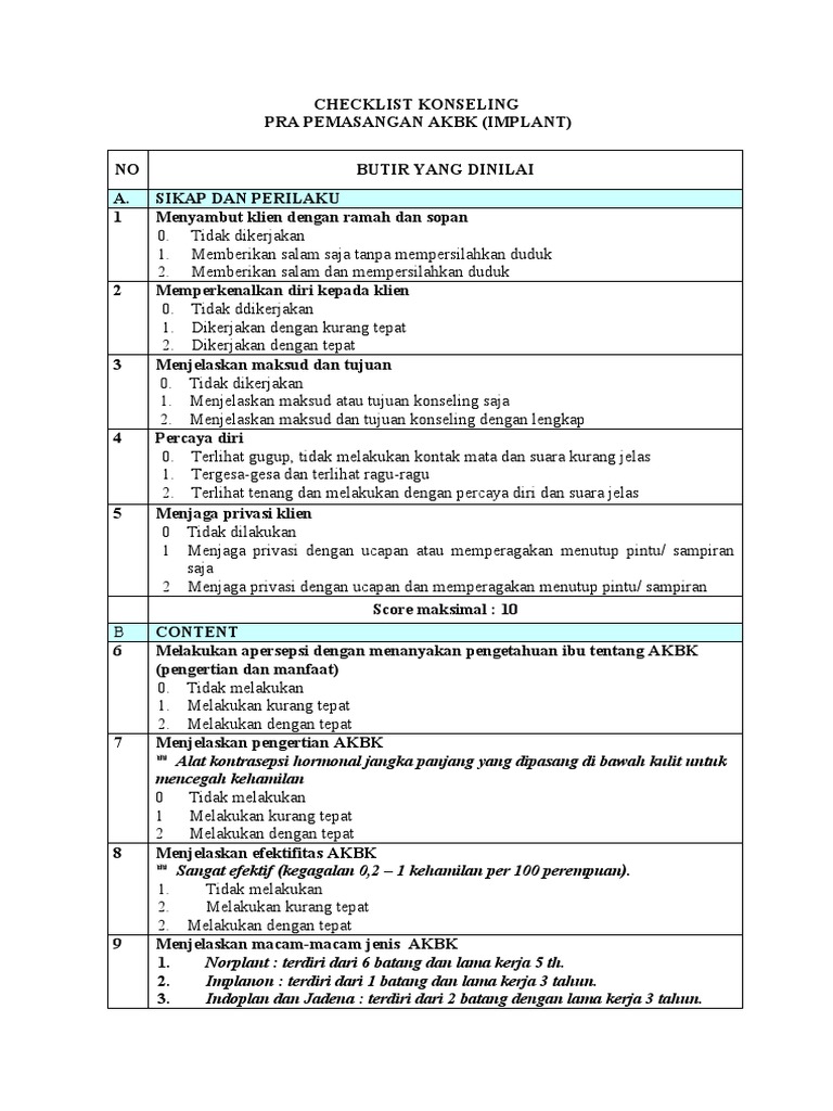 Checklist Konseling KB | PDF