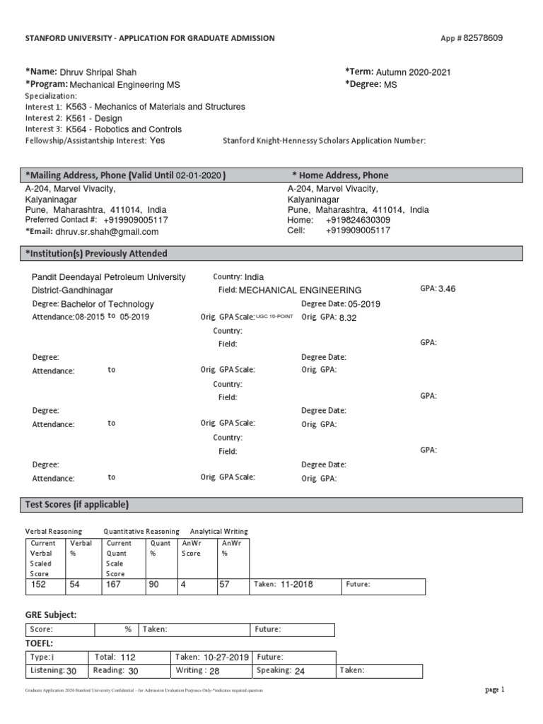 Name: Term: Program: Degree:: Stanford University - Application For ...