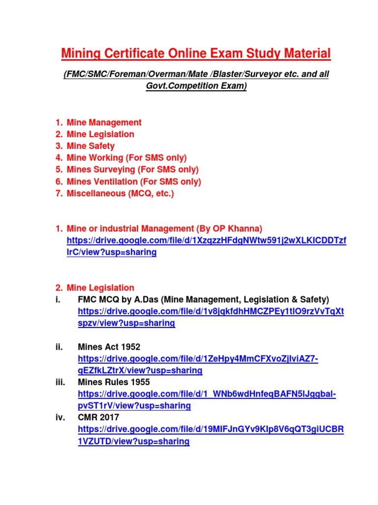 Mining Certificate Online Exam Study Material | PDF | Engineering ...