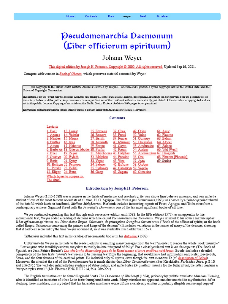 Pseudomonarchia Daemonum (Liber Officiorum Spirituum) : Johann Weyer ...