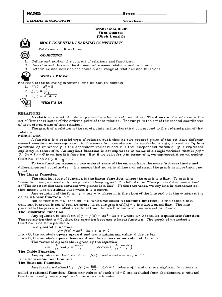 Basic Calculus MODULE-QTR-1-W1 and W2 | PDF | Function (Mathematics ...