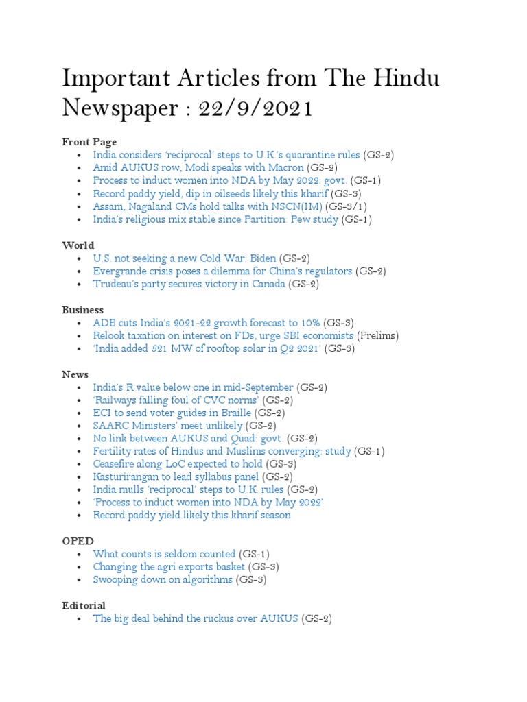 Important Articles From The Hindu Newspaper | PDF