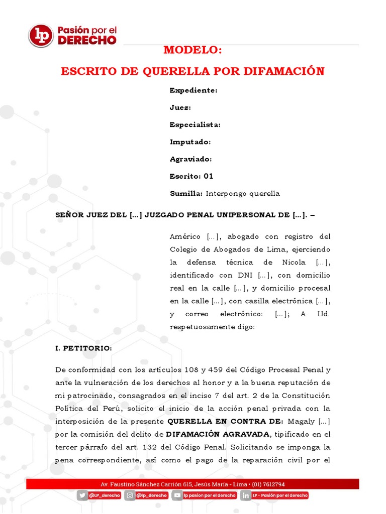 Modelo Escrito Querella Difamacion Agravada Medio de Prensa LP | PDF | Derecho penal | Queja