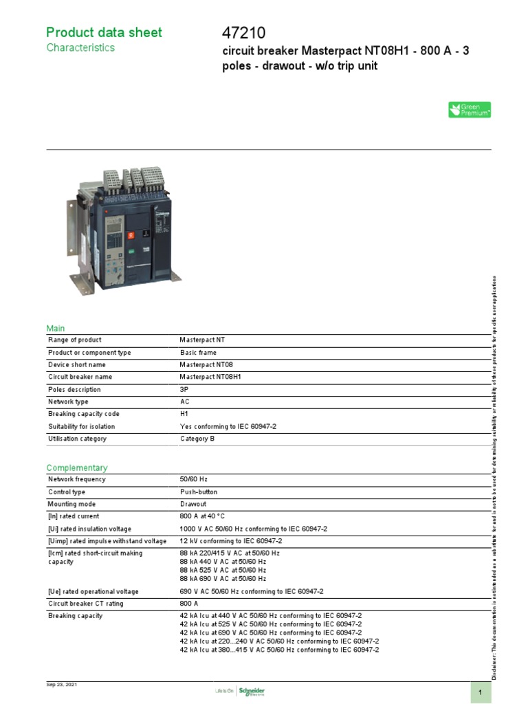 MasterPact NT 47210 Product Datasheet | PDF | Alternating Current ...