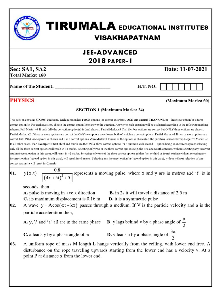 ADV (2018 - P1) - QP PAPER Model | PDF | Solution | Waves